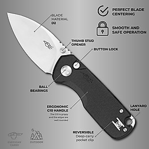 Firebird GANZO FH925-BK Small Pocket Folding Knife Button Lock D2 Steel Blade G10 Anti-Slip Handle with Clip Camping Outdoor EDC Utility Knife Best Gift for Men Women (Black)
