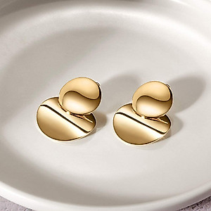 WISTIC Gold Hoop Earrings Double Layered Disc Drop Fashion Earrings 14K Gold Plated Polished Stainless Steel Earrings Jewelry (Double Disc Drop Earrings (Gold))