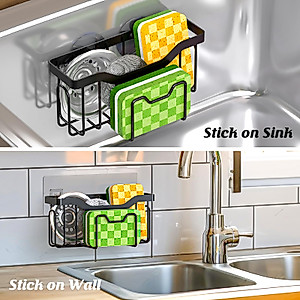 Utobao Sponge Holder for Kitchen Sink, Kitchen Sink Caddy Organizer for Dish Soap Scrub Brush Sink Stopper, in Sink Basket SUS304 Stainless Steel, No Drilling with Adhesive 2 Hanging Way-Black