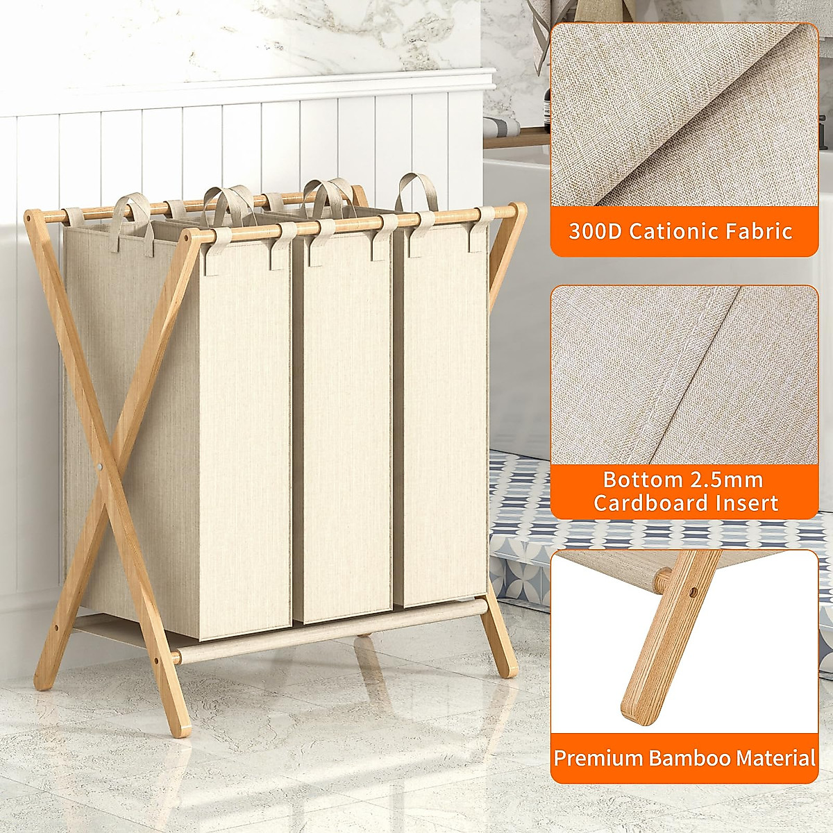 laundry hamper 3 section, Dirty Clothes Hamper with removable bags, Bamboo Laundry Basket,150L Large Laundry Sorter Organization, Foldable X-Frame Laundry Bin for Bedroom, Laundry Room, Bathroom
