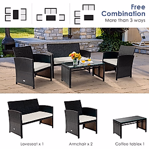 Tangkula 4 Pieces Rattan Furniture Set, Outdoor Conversation Set w/Chair & Loveseat & Tempered Glass Coffee Table, Suitable for Garden, Backyard, Poolside, Patio Furniture Set for 4 (1, White)
