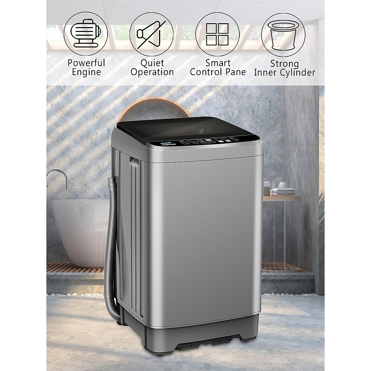 KRIB BLING Full-Automatic Washing Machine with LED Display 25 lbs Portable Washer 10 Wash Program & 8 Water Level Drain Pump Ideal for Camping, Apartment, Dorm Grey