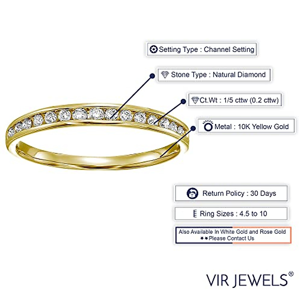 VIR JEWELS 1/5 cttw Diamond Wedding Band for Women, Classic Diamond Wedding Band in 10K Yellow Gold Channel Set, Size 6