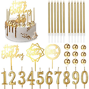 Yerliker 34 Pcs Happy Birthday Cake Toppers Decorations Birthday Candles for Men Women with 12 Long Thin Candles 10 Number Candles 9 Ball Cake Topper 3 Birthday Cake Topper(Gold)