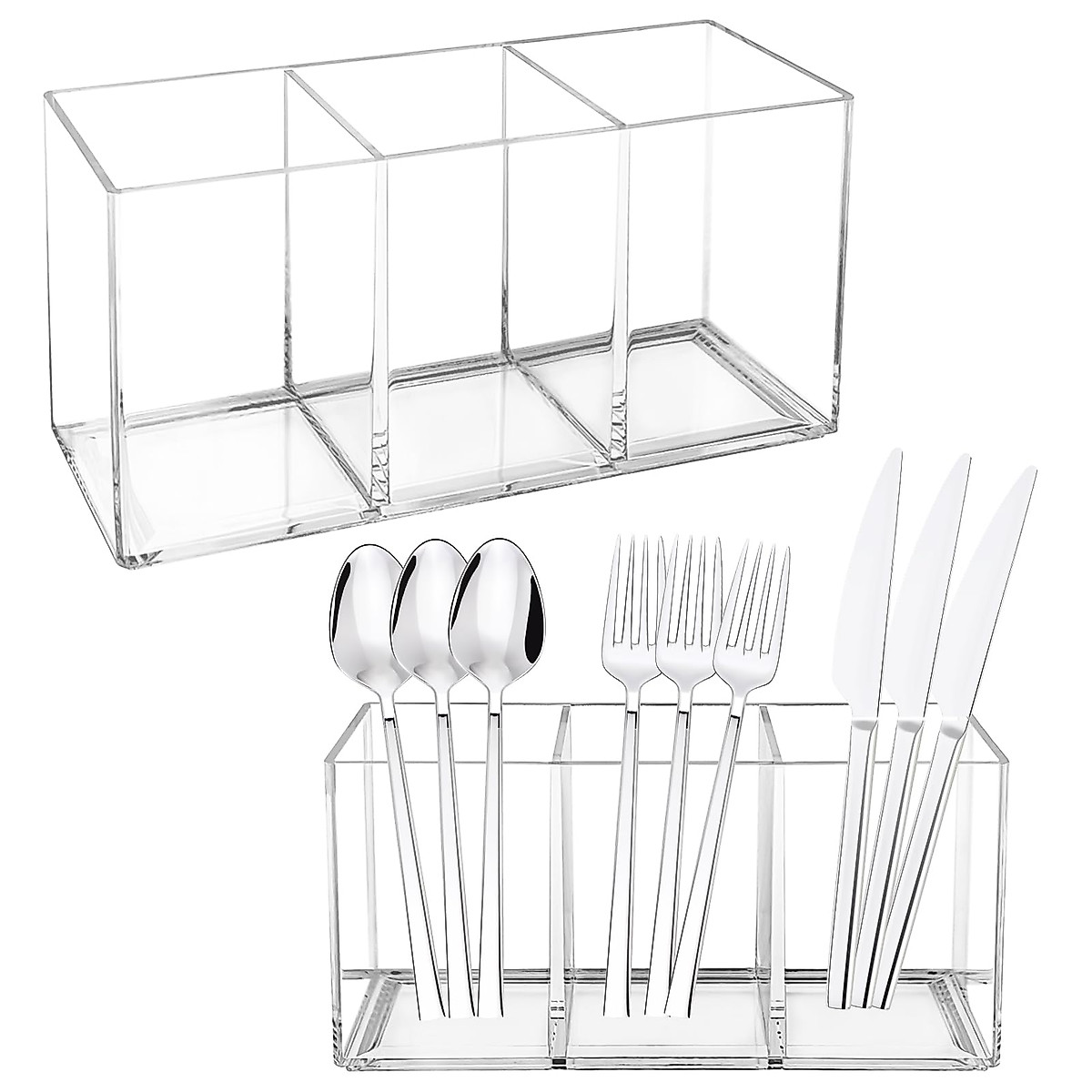 Rainmae 2Pack Acrylic Cutlery Storage Organizer, Plastic Cutlery Utensil Holder Storage Organizer Caddy for Kitchen Countertop Organization - Holds Fork, Knife, Spoon, Silverware Tableware Storage Box
