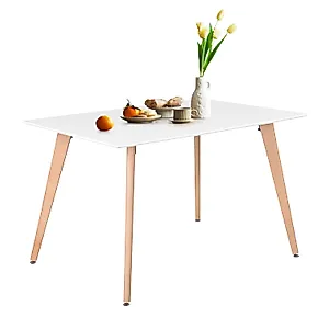 FurnitureR Minimalist Rectangle Dining Table with Round Beech Wood Legs for Home Kitchen Living Room Corner Small Spaces Leisure, 43.3 inches, White