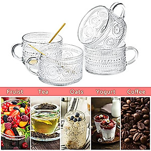 4 Pcs Vintage Glass Coffee Mugs 14 Oz Clear Embossed Tea Cups with 4 Pcs Spoons Stackable Drinking Glasses for Cappuccino Water Milk Yogurt Beverage Gift for Family and Friends