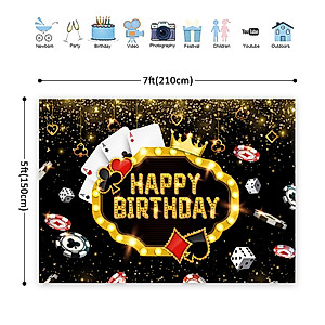 Riyidecor Casino Happy Birthday Backdrop Las Vegas Game Night Theme Poker Cards Dice 7Wx5H Feet Polyester Fabric Golden Glitter Dots Photography Background Party Table Decor Banner Studio Photo Shoot