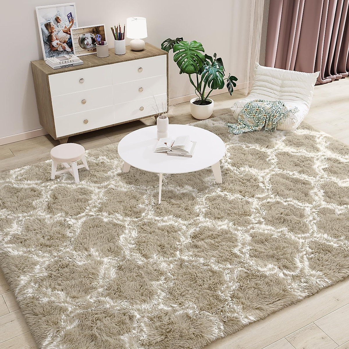 LOCHAS Luxury Shag Area Rug 5x8 Feet Geometric Plush Fluffy Rugs, Extra Soft Carpet Moroccan Rugs for Bedroom Living Room Dorm Kids, High Pile Shaggy Floor Rug Decor, Beige and White
