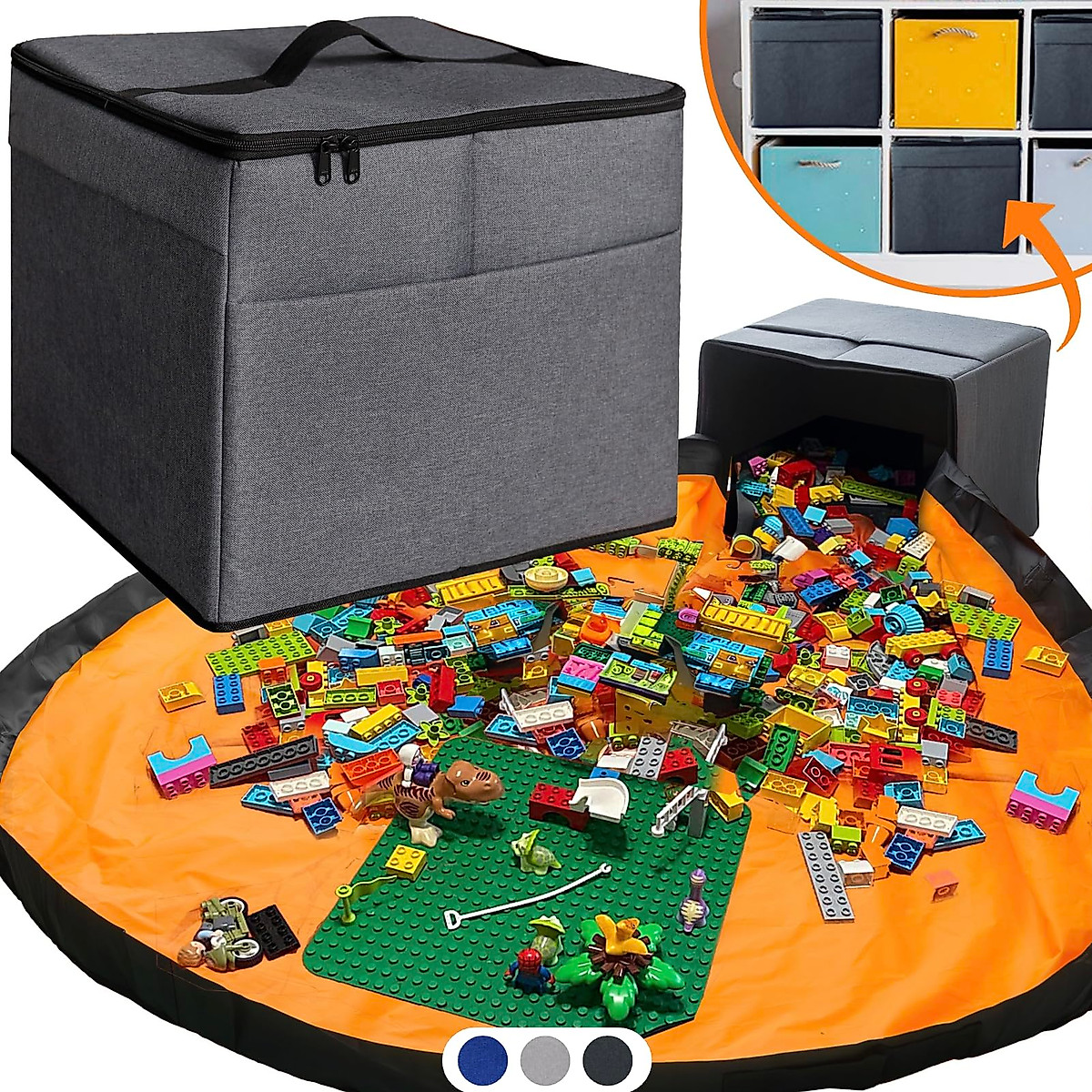 XL Toy Storage Organizer with Play Mat - Storage Bag/Box for Kids, Boys, Girls, Nursery, Playroom - Basket for Building Bricks/Blocks - Collapsible Fabric Cube Bin, 13"x13"x15"