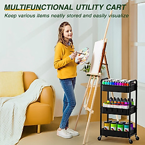 LEHOM 3 Tier Rolling Utility Cart, Metal Trolley Cart with Wheels, Hooks, Easy Assembly Organizer Storage Cart for Bathroom, Kitchen, Office, Bedroom(Black)
