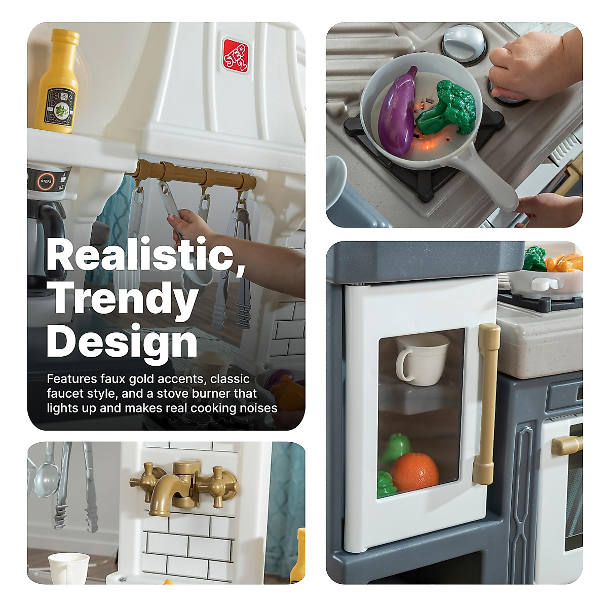 Step2 Gilded Gourmet Kitchen Playset for Kids, Indoor/Outdoor Play Kitchen Set, Toddlers 2+ Years Old, 20+ Piece Kitchen Toy Set, Easy to Assemble, White, Blue, Gray