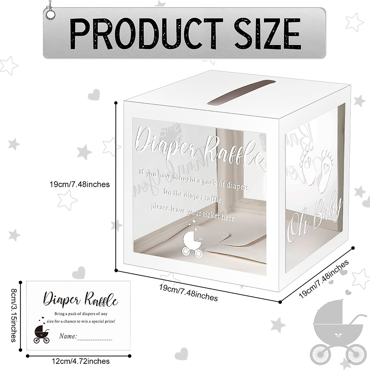 Funrous 50 Diaper Raffle Tickets with Box for Baby Shower Game Invitations Diaper Raffle Card for Gender Reveal Baby Shower Party Decoration Table Centerpiece (Clear White)