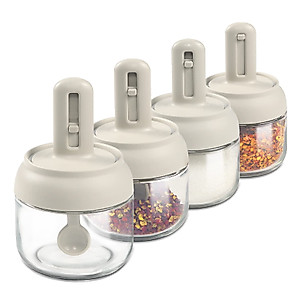 LELE LIFE 4 Pack Glass Seasoning Jars with Retractable Spoon and Lid, Air-Tight Seasoning Containers Spice Jars, 9oz Sugar Container Salt Cellar Box, Condiment Containers with Lids