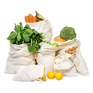 Muslin Produce Bags - Organic Cotton Produce Bags - Cloth Grain Bags - Cloth Vegetable Bags - Cloth Bread Bags - Vegetable Bag Cloth - Produce Bag, Cotton Vegetable Bag Set of 7 (XXL, XL, L, M, S, XS)