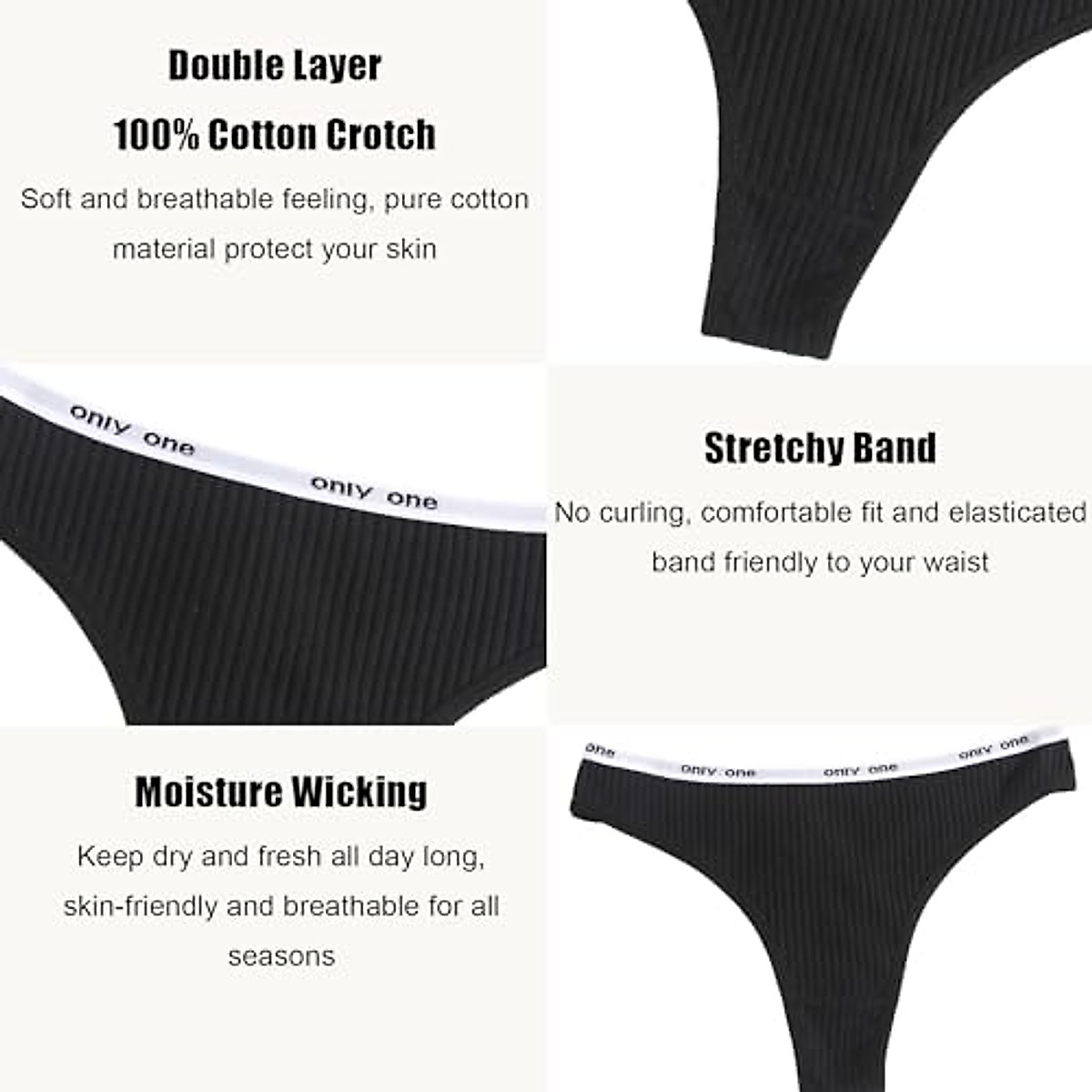 CINVIK Ladies Cotton Front Low Thongs Organic Cotton Comfortable No Show Workout Low Rise Hipster Panties G-String Big Women Thong Set 3XL