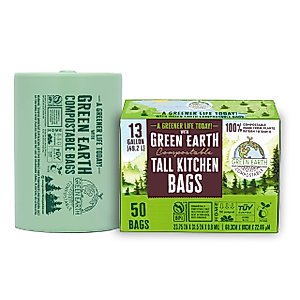 Green Earth Compostable Tall Kitchen Food Scrap Waste Bags, 13 Gallon, 49 Liter, 50-Count, Superior Strength 0.9 Mil Thickness, ASTM D6400, US BPI & Europe OK Compost Home Certified, USA