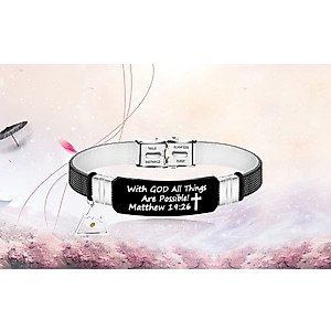 With God All Things Are Possible Cuff Wristband Bible Verse Bracelet Black, Triangle Mountain Mustard Seed Charm Y2154 (Black wrist-Black tag)