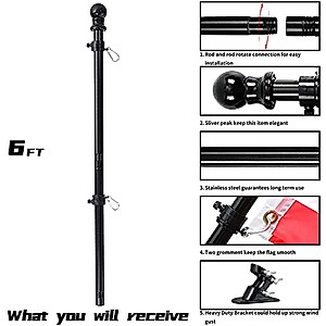 Flag Pole with Bracket,5FT/6FT Flagpole Kit American Flag with Pole Holder Mounting Bracket Stainless Steel Heavy Duty for Garden Yard Truck Boat Rustproof (6FT, Black Flag Pole With Black Bracket)