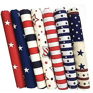 AMORNPHAN 7pcs 4th of July Cotton Fabric Squares Patriotic American Flag Strips Decoration Print Quilting Bundles Fat Quarters for DIY Craft Sewing Patchwork Needlework 16x20 Inches