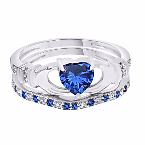AFFY Simulated Blue Sapphire & White CZ Claddagh Engagement Ring Set in 14k White Gold Over Sterling Silver Ring Size-11