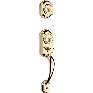 Kwikset Montara Front Door Lock Handle and Deadbolt Set, Entry Handleset Exterior with Interior Door Knob, Polished Brass, Pick Resistant SmartKey Rekey Deadbolt Security