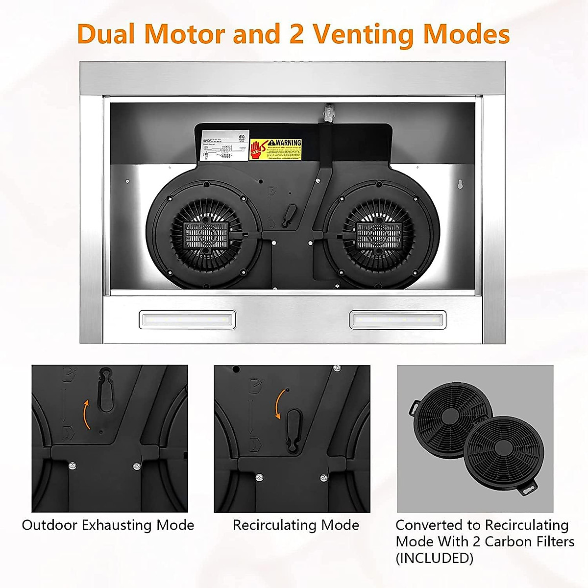 Upgraded 600 CFM Range Hood 30 inch, Under Cabinet Range Hood for Duct/Ductless Convertible, Stainless Steel Kitchen Stove Vent with 3 Speed Kitchen Exhaust Fan and Two Bright Energy-Saving LED