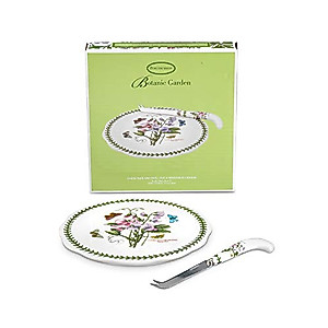 Portmeirion Botanic Garden Cheese Plate with Knife | 9 Inch Cheese Platter with Sweet Pea Motif | Made from Porcelain/Stainless Steel | Dishwasher Safe