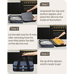 Premium Insulated Casserole Carrier with Heat-Resistant Mat for Hot or Cold Food – Fits 9”x13” or 11”x15” Baking Dishes, Lasagna Holder for Potlucks, Parties, Picnics, and Cookouts [Navy Polka Dot]