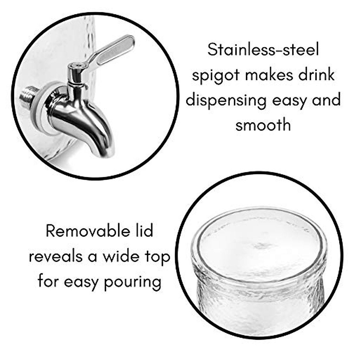 BirdRock Home 1.5 Gallon Hammered Glass Beverage Dispenser with Lid - Stainless Steel Spigot - Decorative Round Jar for Drinks - Lemonade Sangria Tea Water Drink Jar Jug - Home Parties