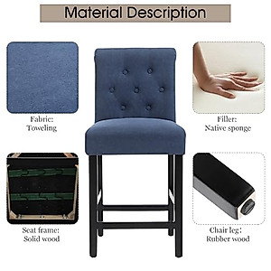 LSSBOUGHT 24 Inches Upholstered Counter Stools, Bar Stools Set of 2, Fabric Counter Stools with Back, Counter Height Bar Chairs with Solid Wood Legs for Home Kitchen Island Dining Room, (2pcs,Blue)
