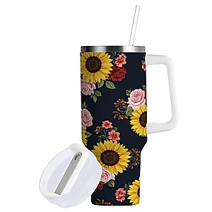 Jihqo Dark Sunflowers and Roses 40 oz Stainless Steel Vacuum Insulated Tumbler with Handle and Straw Lid, Leakproof Water Bottle Double Wall Travel Mug Coffee Cup, Cupholder Friendly