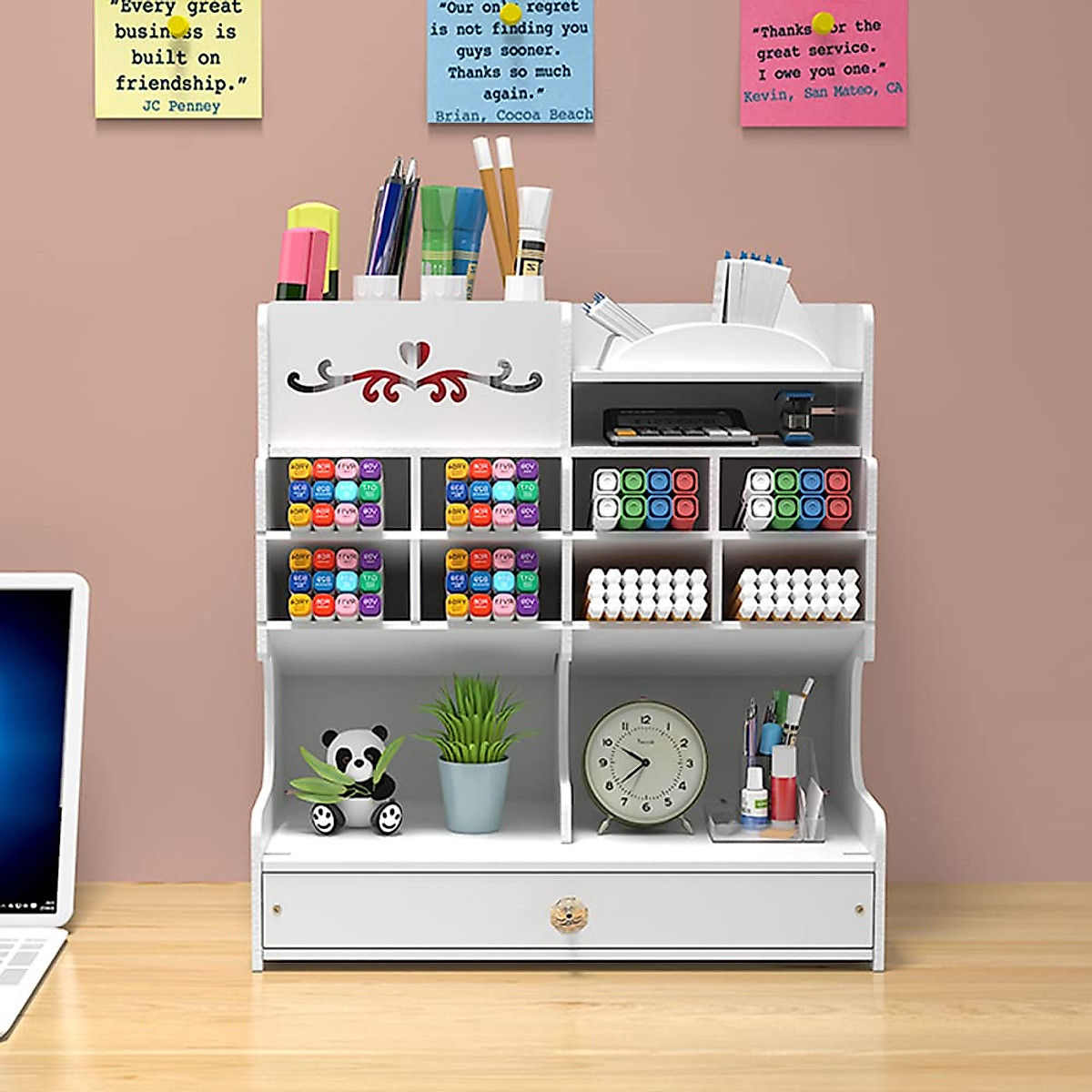 White Pen Organizer with Drawer, DIY Pencil Holder Desk Tidy Caddy Office Stationery Desktop Organizer for Home, Office and School(PB18-1-White)