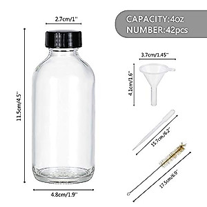 4oz Clear Glass Bottle with Poly Cone Cap, Boston Round Sample Glass Bottle for Potion, Juice, Ginger Shots, Oils, Whiskey, Liquids-48 Labels, 5 Funnels, 5 Droppers, 1 Brush&Chalk Marker-Pack of 42