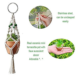 TIMECOSY Mini Macrame Plant Hanger Rear View Mirror Car Cactus Charm Decorations Boho Hanging Plant Holder, Tiny Car Succulent Gifts for Plant Lover, 10.5-Inch