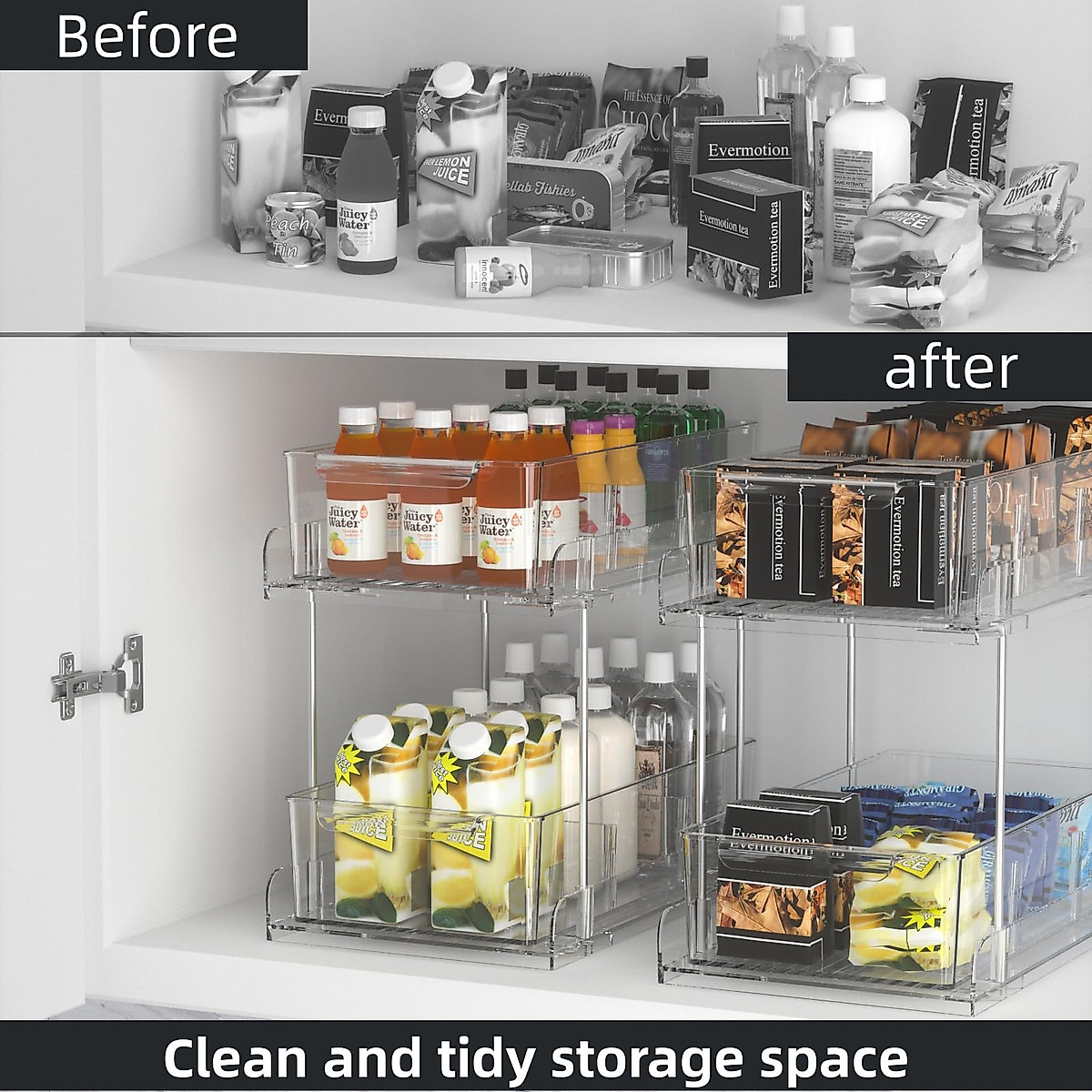 2 Tier Clear Under Sink Organizer with Dividers, Slide Out Bathroom Organization Container Storage Rack, Home Multipurpose Organized Pantry/Kitchen/Counter/Medicine Cabinet Storage Bins (Clear 2-pack)
