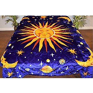 Outerspace Cosmo Sun Moon Stars Blue Luxury Super Soft Medium Weight Queen Size Mink Blanket 1ply