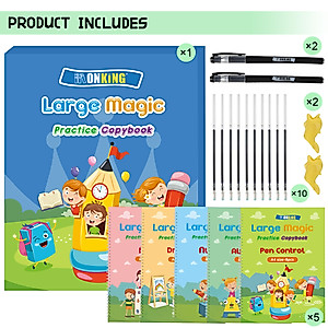 Monking 4Pc Large Magic Practice Copybook for Kids,Handwriting Practice Book 4 Pack with Pen Refill English Cursive Calligraphy Reusable Age 3-8 ，11.4x8.3Inch (4pc+2 pen)