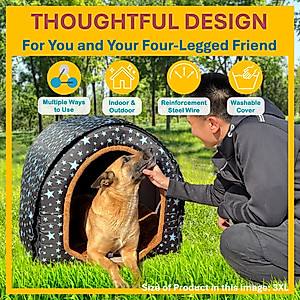 2 in 1 Extra Large Pet Winter House Convertible to Bed with Warm Cushion Mat, 2 Way Indoor Outdoor Portable Dog Kennel, Removable Washable Cover (XL Starry Sky)