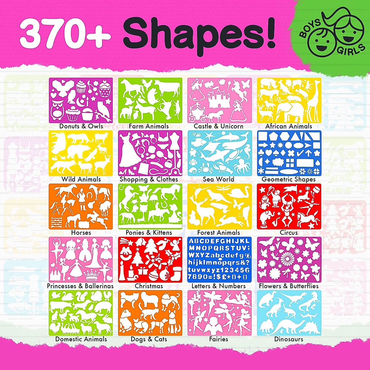 Mimtom Drawing Stencil Kit for Kids, 60 PC Art Set with 370+ Shapes, Sketch Pad, and Colored Pencils for DIY Arts and Crafts for Boys and Girls, Draw with Letter, Animal and Car Stencils, Pink