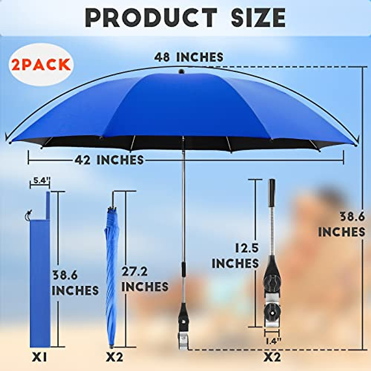 NBtoUS 2 PACK Beach Umbrella with Universal Clamp, UPF 50+ 360 ° Adjustable Beach Shade Umbrella，Portable Outdoor Umbrella for Beach Chair, Camping Chair, Wheelchair, Stroller, Patio Chairs, Golf Carts (Blue, Not Include Chair)