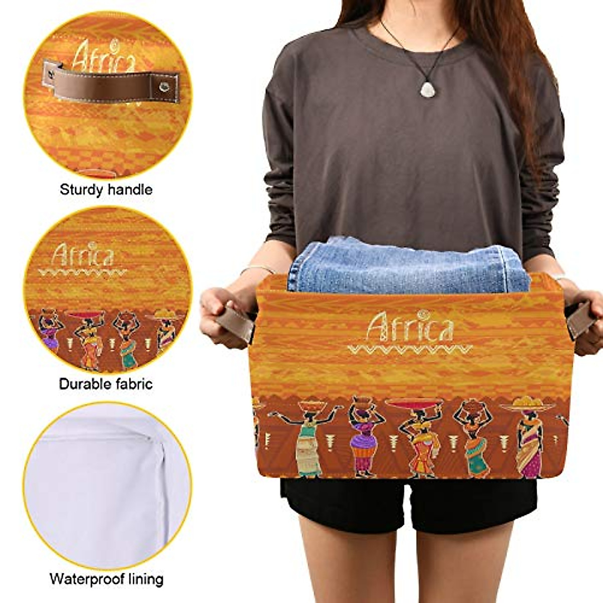 ALAZA Decorative Basket Rectangular Storage Bin, Ethnic African Woman Organizer Basket with Leather Handles for Home Office