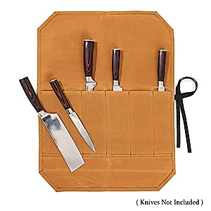 Knife Roll Bags, 16oz Waxed Canvas Knife Holder (5 Slots & Specialized Anti Cutting Fabric), Multi-Purpose Knife Pouch with Tie Rope, Khaki