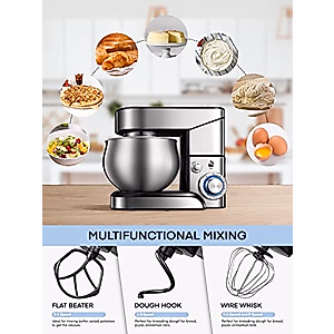 Stand Mixer FOHERE, 6-Speed Stainless Steel Mixer with Dough Hook, Mixing Beater, Wire Whip, Dishwasher-safe, Tilt-Head Kitchen Dough Mixers for Cake, 5.8 QT Electric Home Cooking Kitchen Mixer