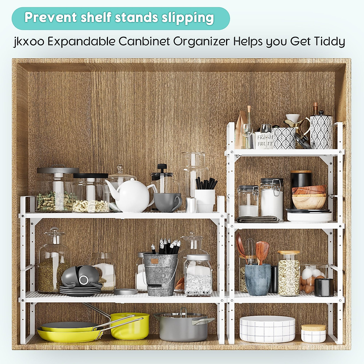jkxoo 2Pack Expandable Cabinet Shelf Organizers, Stackable Metal Cabinet Shelves Extender for Kitchen Cabinet Countertop Storage, Adjustable Spices Shelves Rack Stand for Cupboard Pantry, White