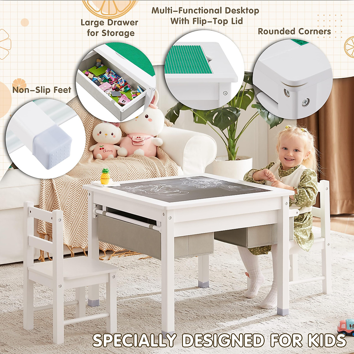 Onirw 3 in 1 Kids Table and 2 Chairs Set with Storage Drawers, Toddler Construction Play Table with Detachable Blocks and Blackboard Tabletop, Compatible with Lego and Duplo Bricks (White)