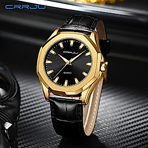 CRRJU Men's Fashion Luxury Classical Golden Watches for Men Business Simple Luminous Analog Quartz Leather Wristwatches