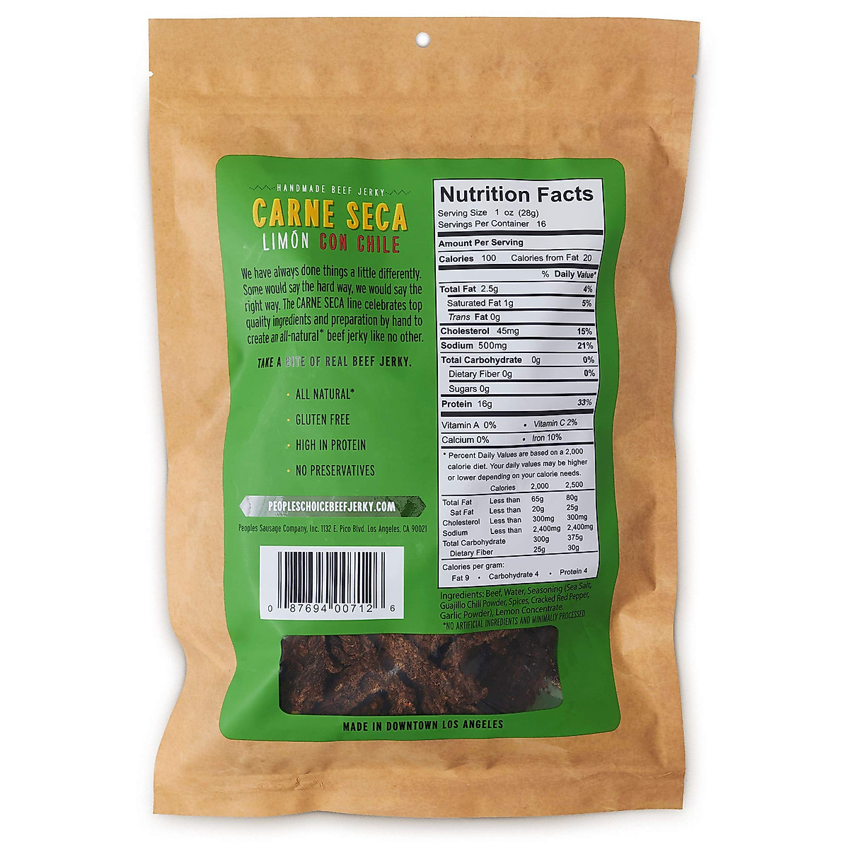 People's Choice Beef Jerky - Carne Seca - Limón Con Chile - Healthy, Sugar Free, Zero Carb, Gluten Free, Keto Friendly, High Protein Meat Snack - Dry Texture - 1 Pound, 16 oz - 1 Bag