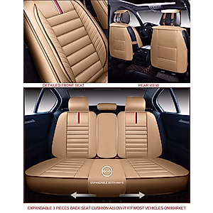 OASIS AUTO Car Seat Covers Premium Waterproof Faux Leather Cushion Universal Accessories Fit SUV Truck Sedan Automotive Vehicle Auto Interior Protector Full Set (OS-001 Tan)