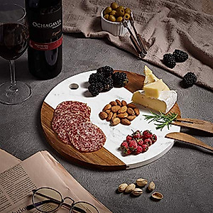 Marble Cheese Board with Acacia Accent 12" Round - Beautifully Handcrafted Charcuterie Board for Two - Round Cutting Board - Wonderful Housewarming Gift